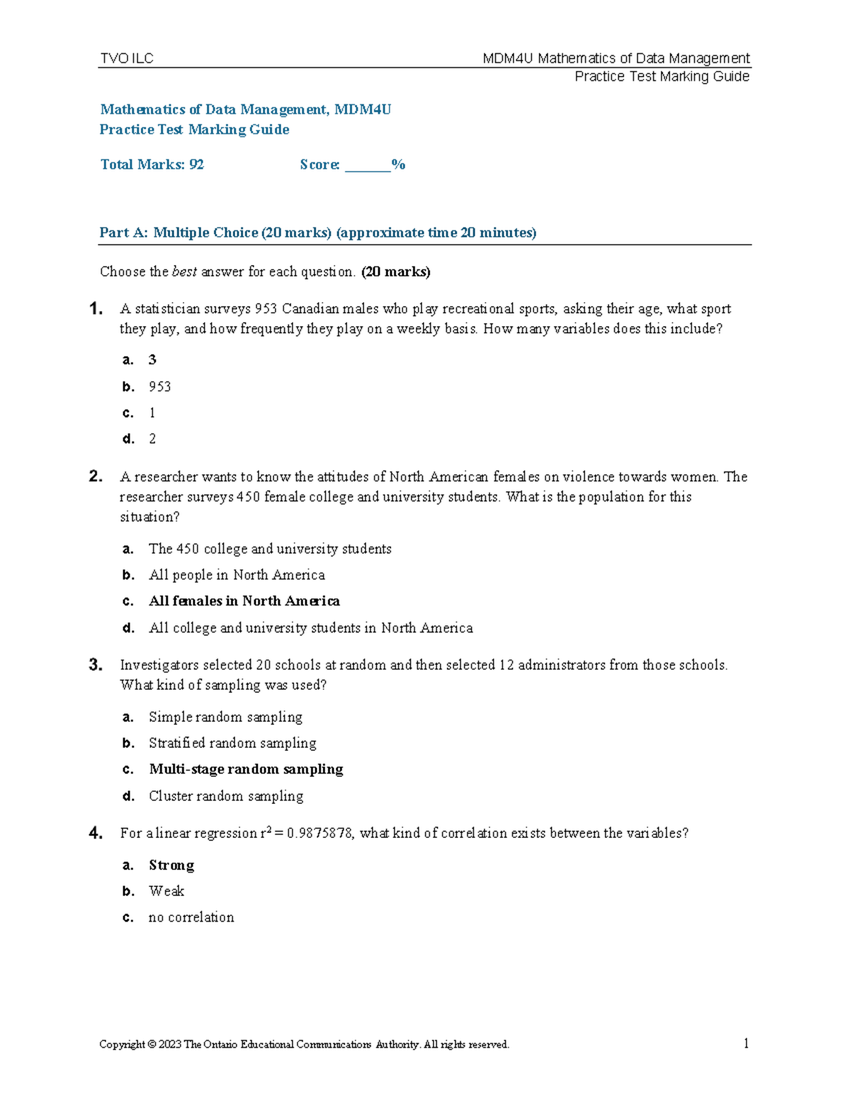 MDM4U Practice Test Marking Guide: Comprehensive Review for Students ...