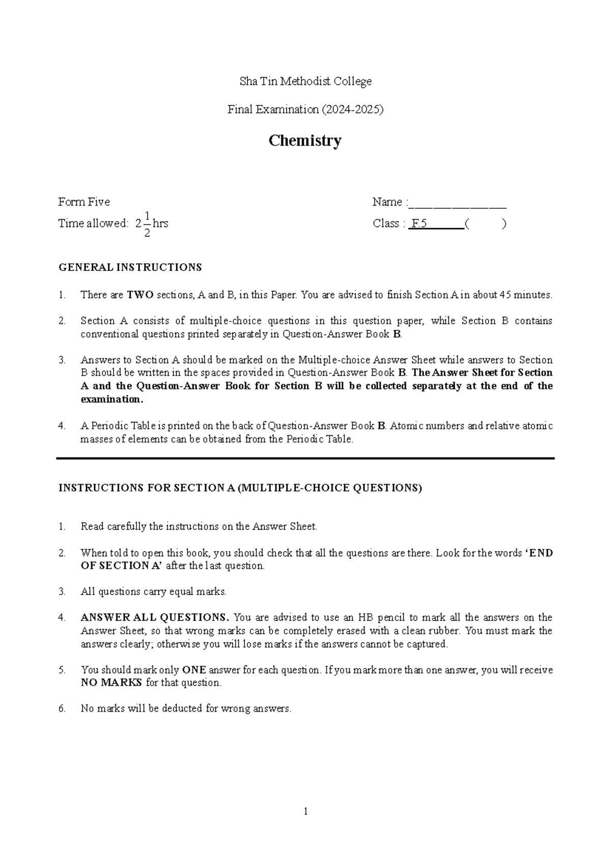 Sha Tin Methodist College F.5 Final Exam Chemistry Paper 2023 - Studocu