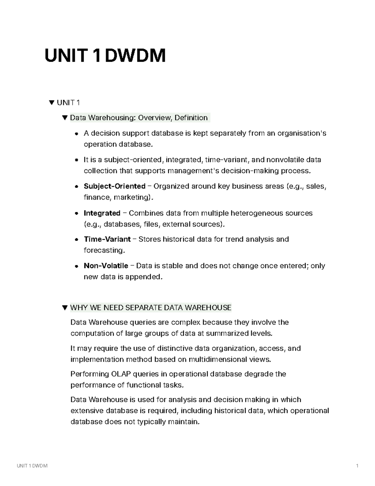 DWDM UNIT 1 - In-Depth Analysis of Data Warehousing Concepts - Studocu