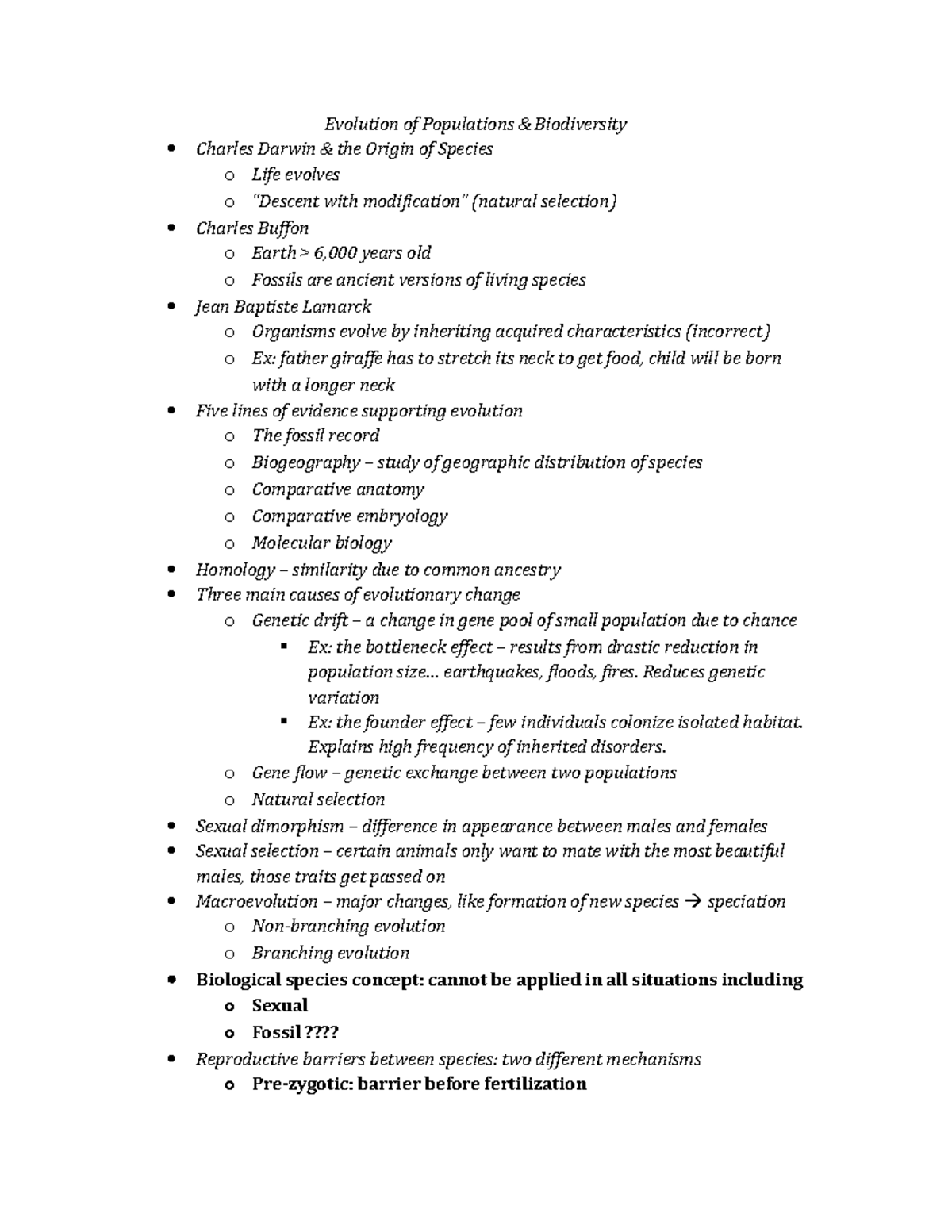 BIO 101: Week 9 Notes on Evolution of Populations & Biodiversity - Studocu