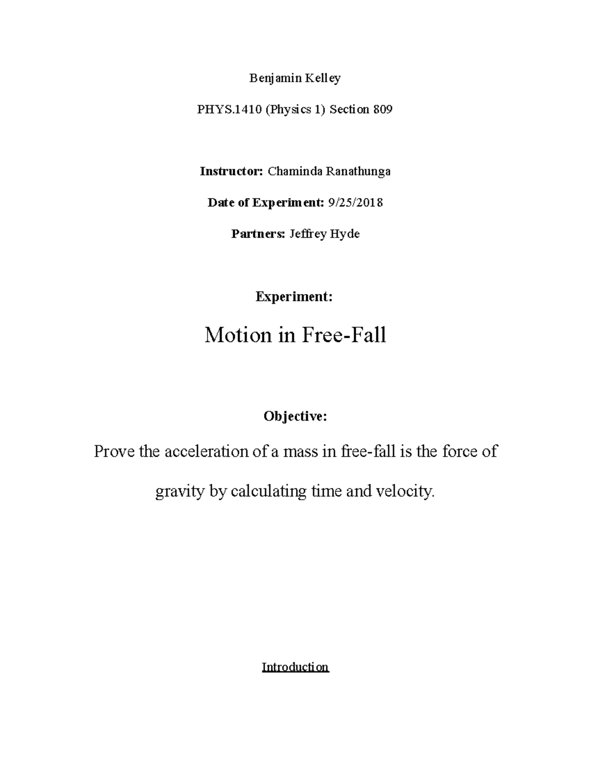 PHYS 809 Motion in Free-Fall Lab Report: Gravity's Effect on ...