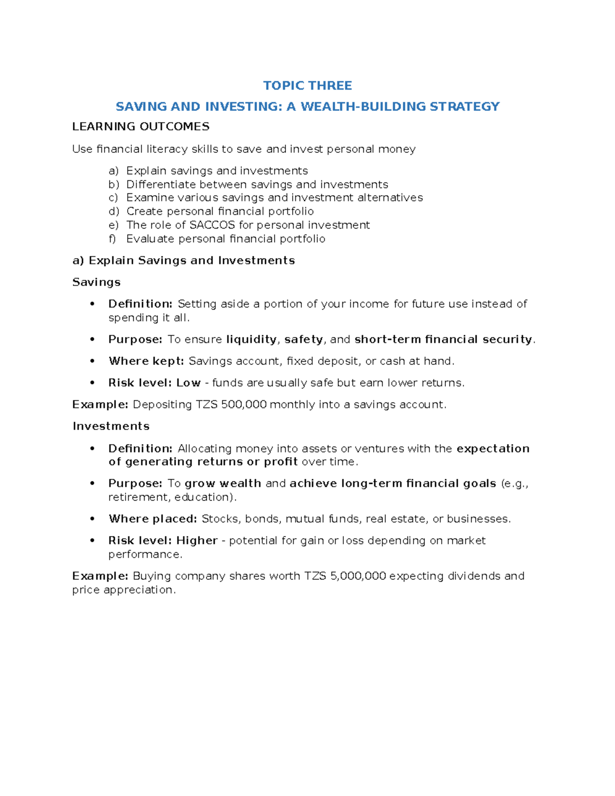 Financial Literacy: Topic 3 - Saving & Investing Strategies - Studocu