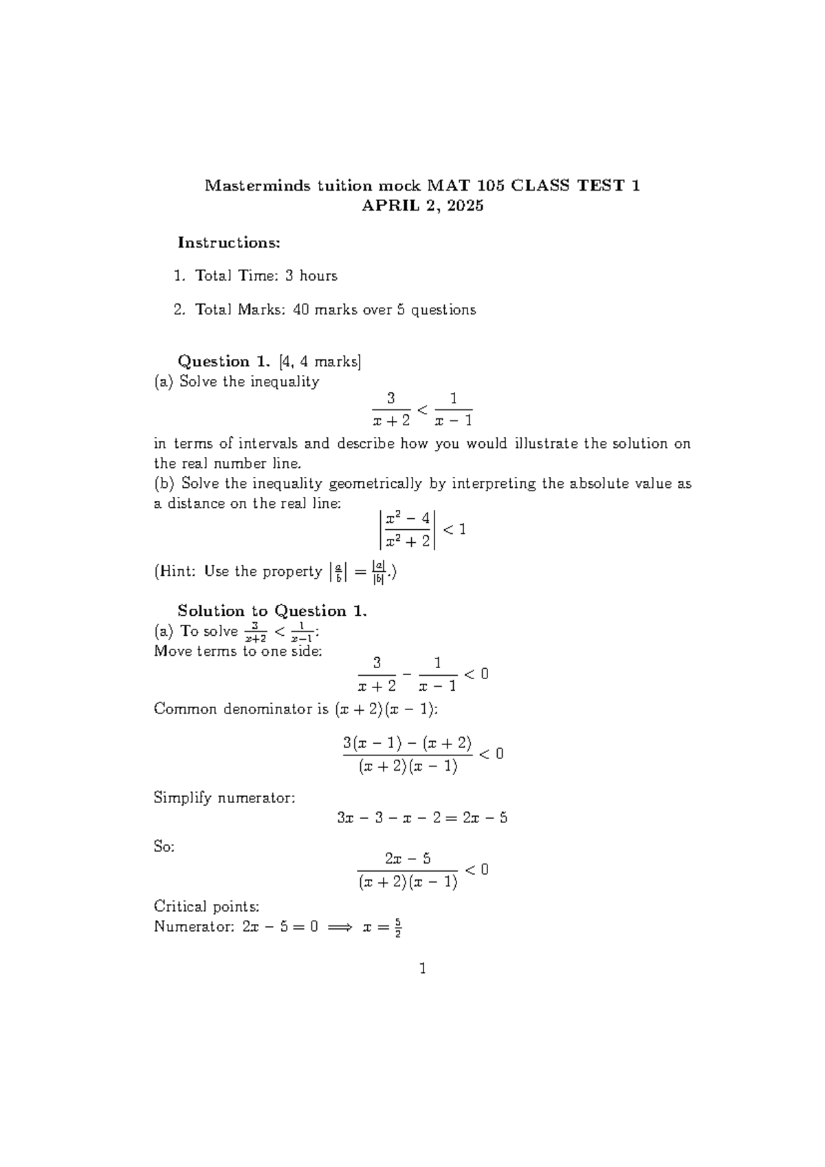 Class test one mock test - Masterminds tuition mock MAT 105 CLASS TEST ...
