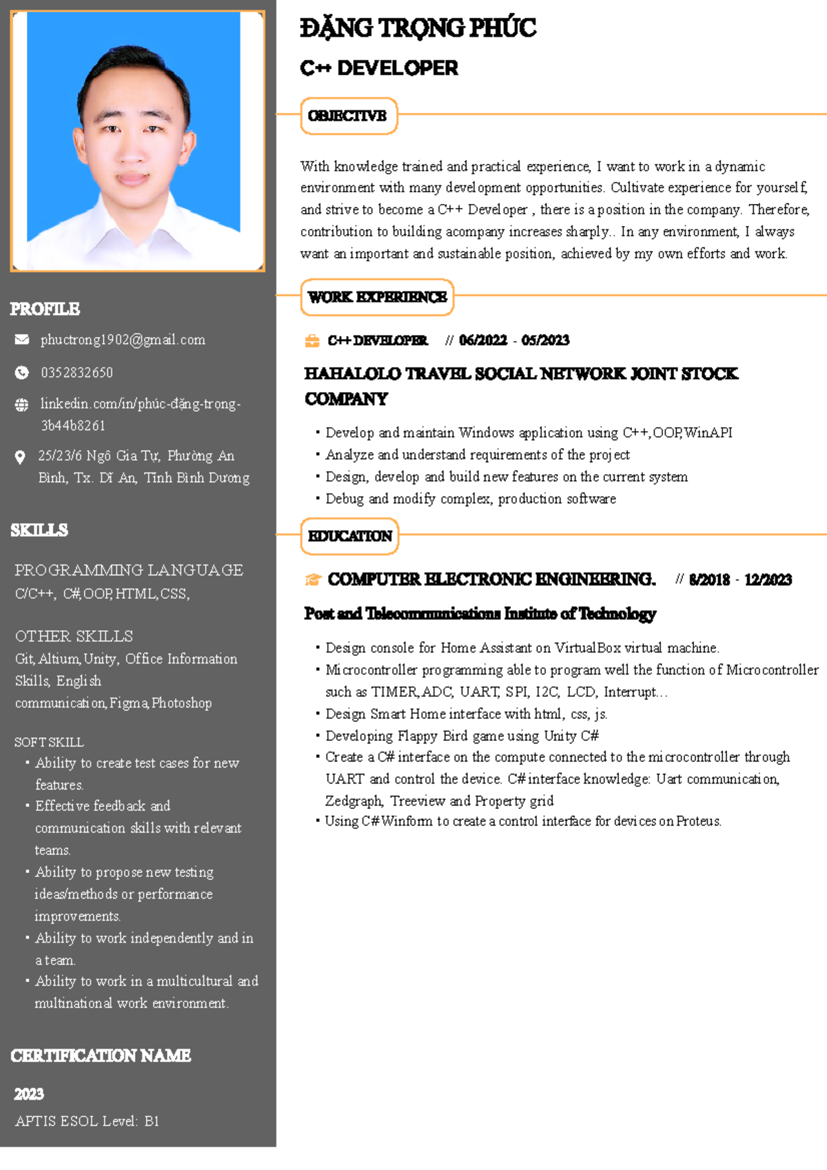 C++ Developer Resume of Dang Trong Phuc - Skills & Experience - Studocu