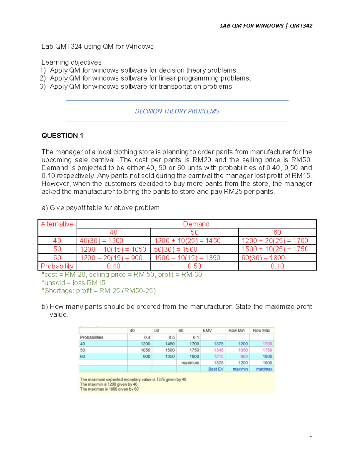 LAB Exercises QMT342 with answer - Lab QMT324 using QM for Windows Learning objectives Apply QM ...