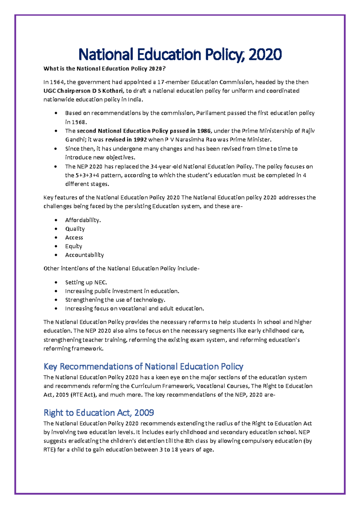 National Education Policy 2020: Key Features and Challenges - Studocu