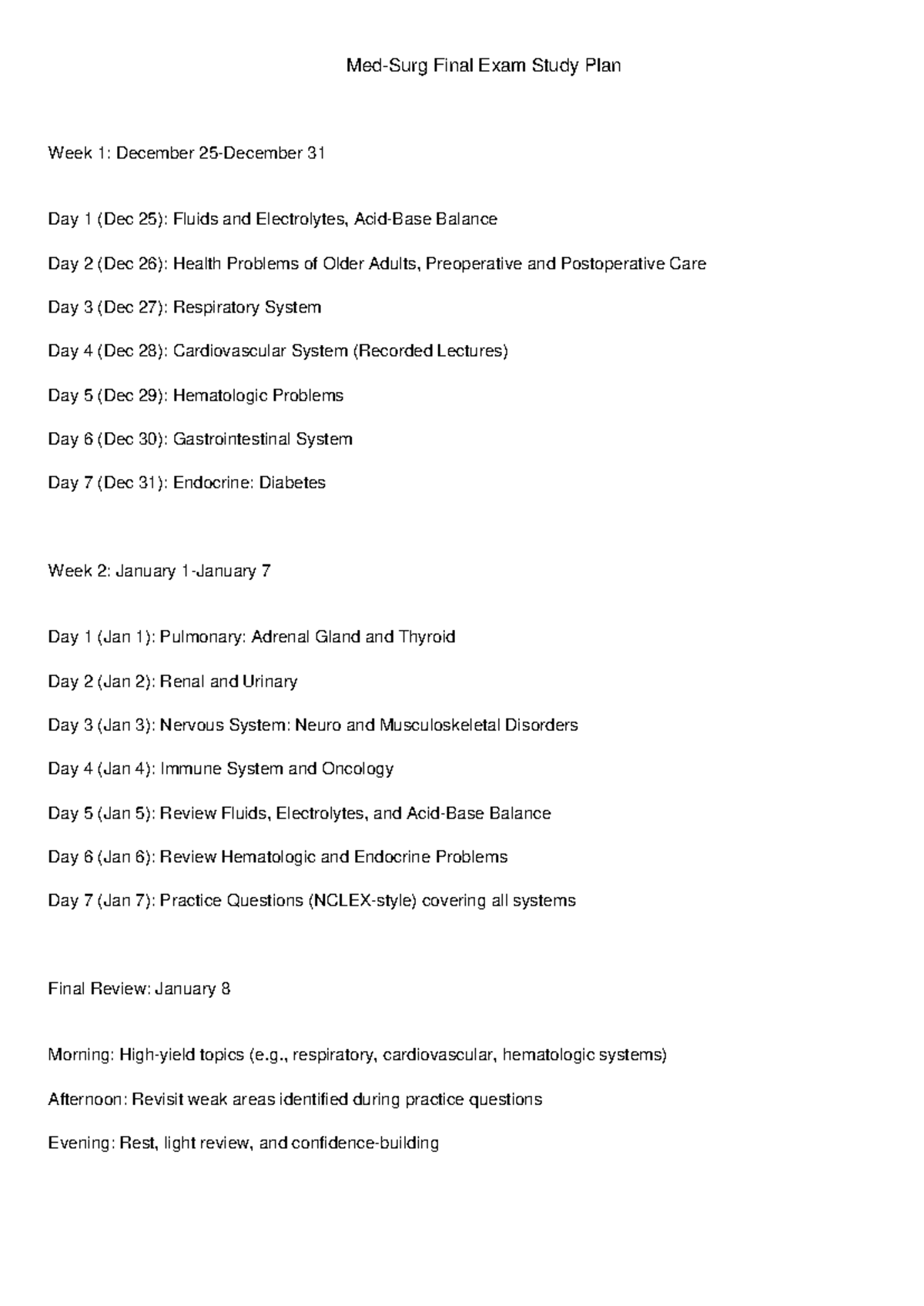 Med Surg Final Exam Study Plan: 2-Week Review Schedule - Studocu