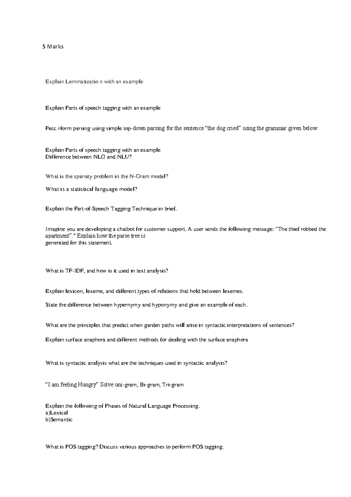 Important Questions on NLP Techniques and Parsing (Course Code: NLP101 ...