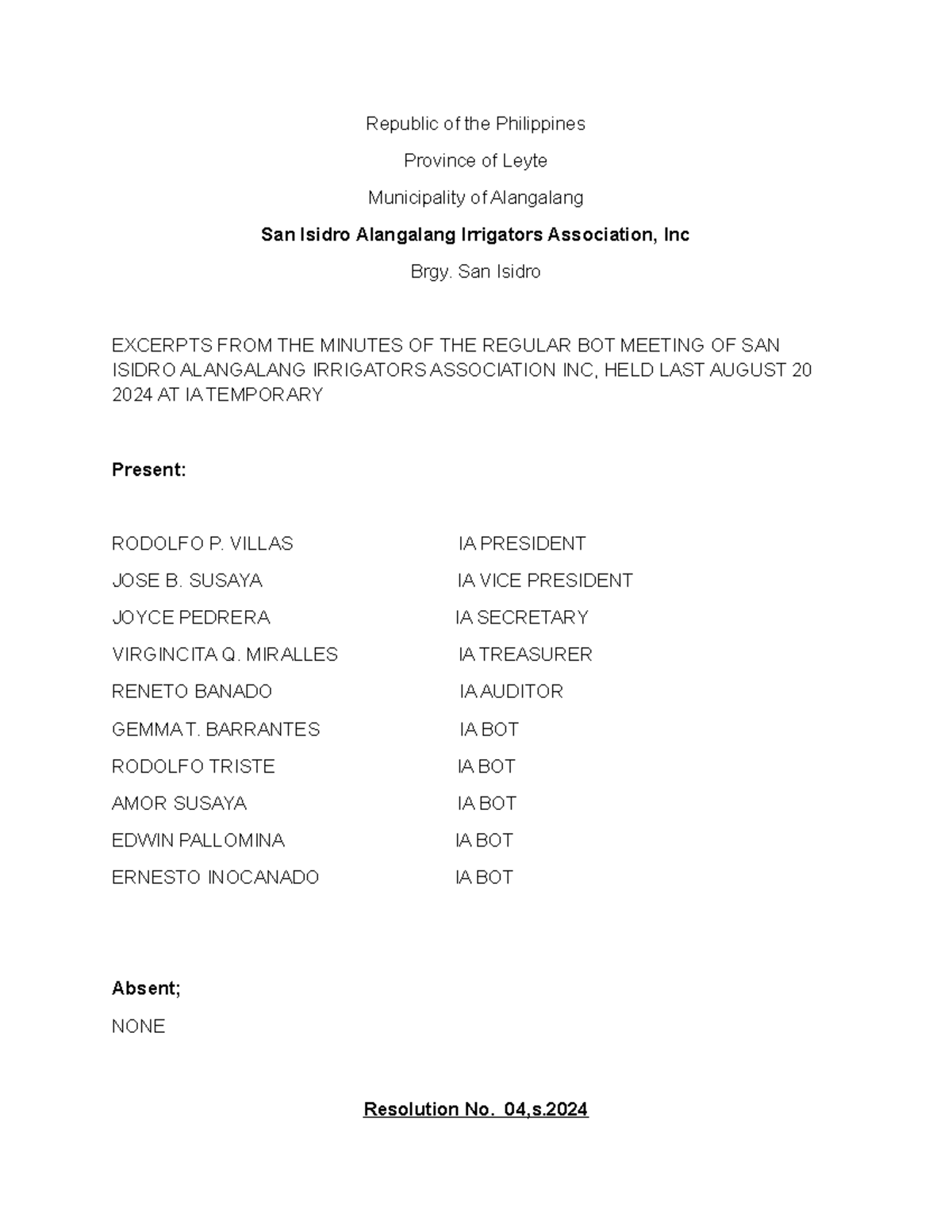 Resolution Request for KADIWA Program Grant - San Isidro Alangalang ...