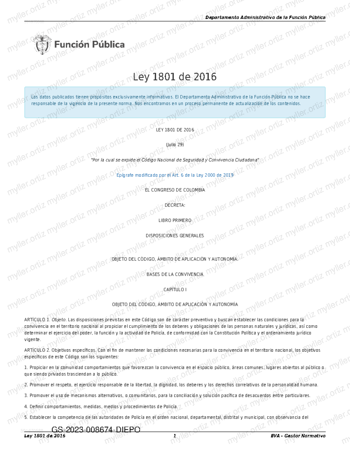 Ley 1801 de 2016: Código de Seguridad y Convivencia Ciudadana - Studocu