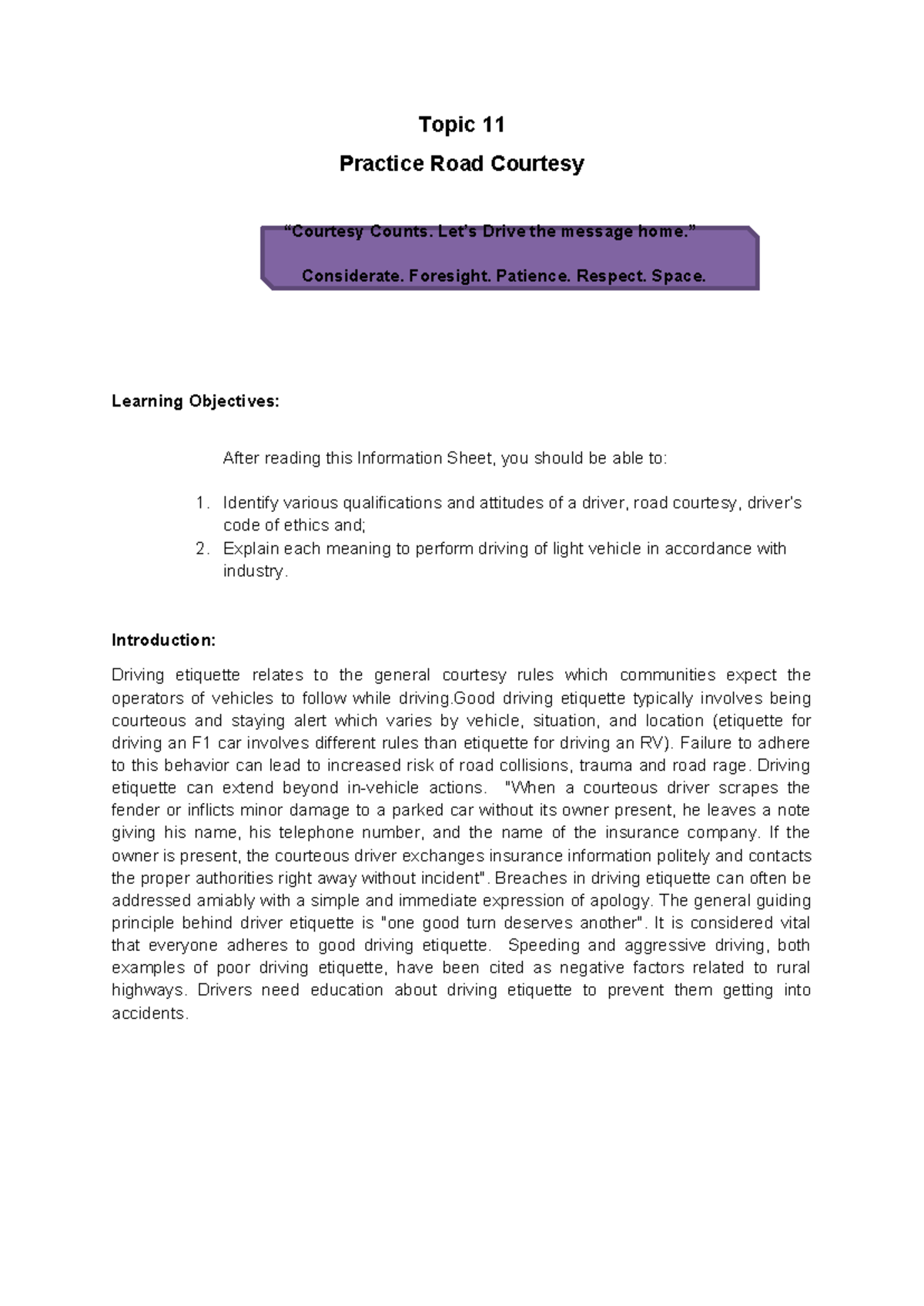 Driving 5 - Road Courtesy and Defensive Driving Techniques - Studocu
