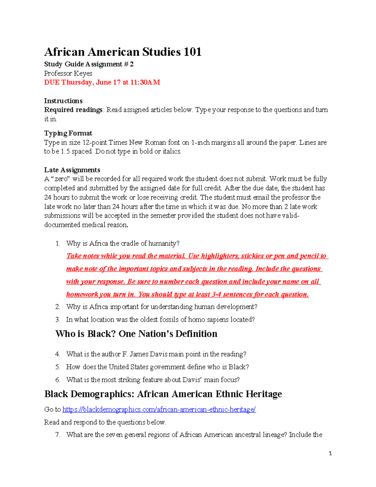 African American Studies 101: Study Guide Assignment #2 - Studocu