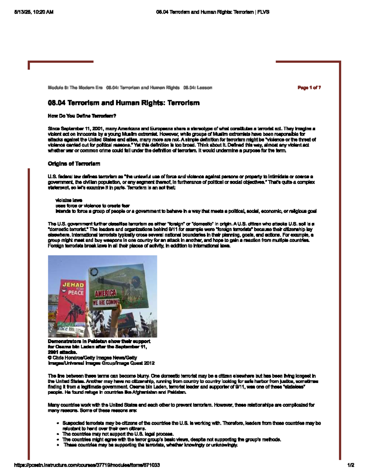 Terrorism and Human Rights: FLVS Module 8 Lesson on Modern Era - Studocu