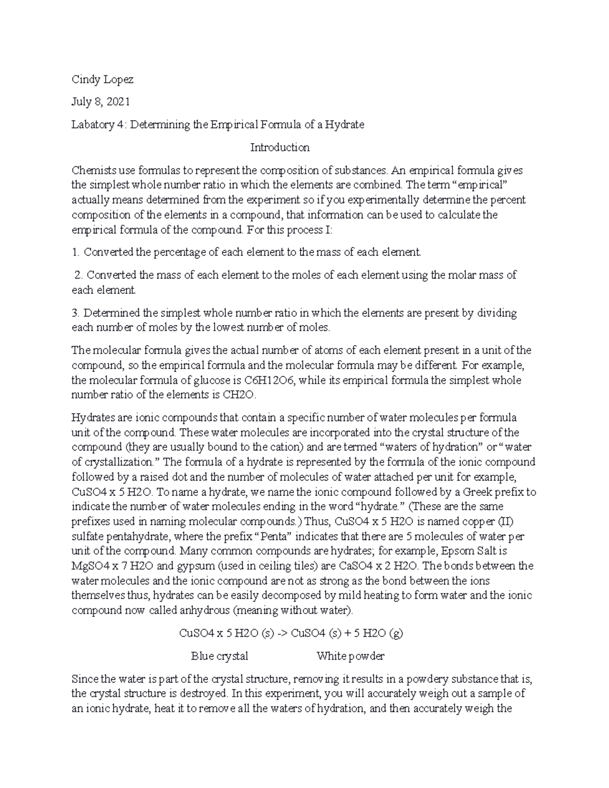 Lab 4: Empirical Formula Determination of a Hydrate Experiment - Studocu