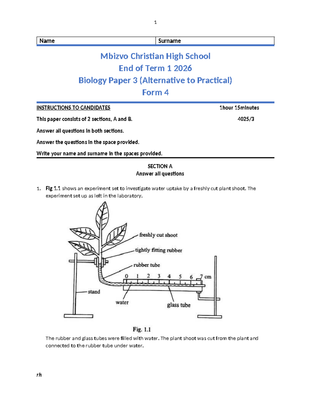 Bio EOT1 P3 - Form 4 Biology Paper 3 (Alt to Practical) 2026 - Studocu