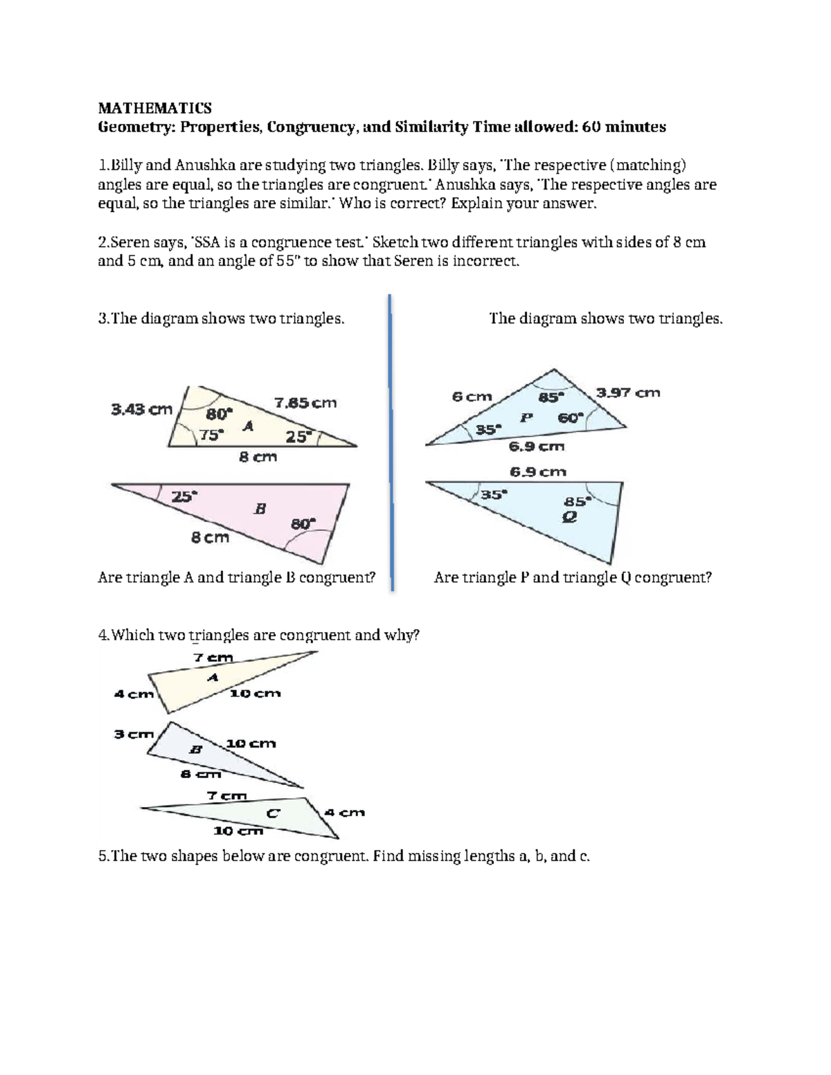 MATHEMATICS Geometry: Properties, Congruency & Similarity Test - Studocu