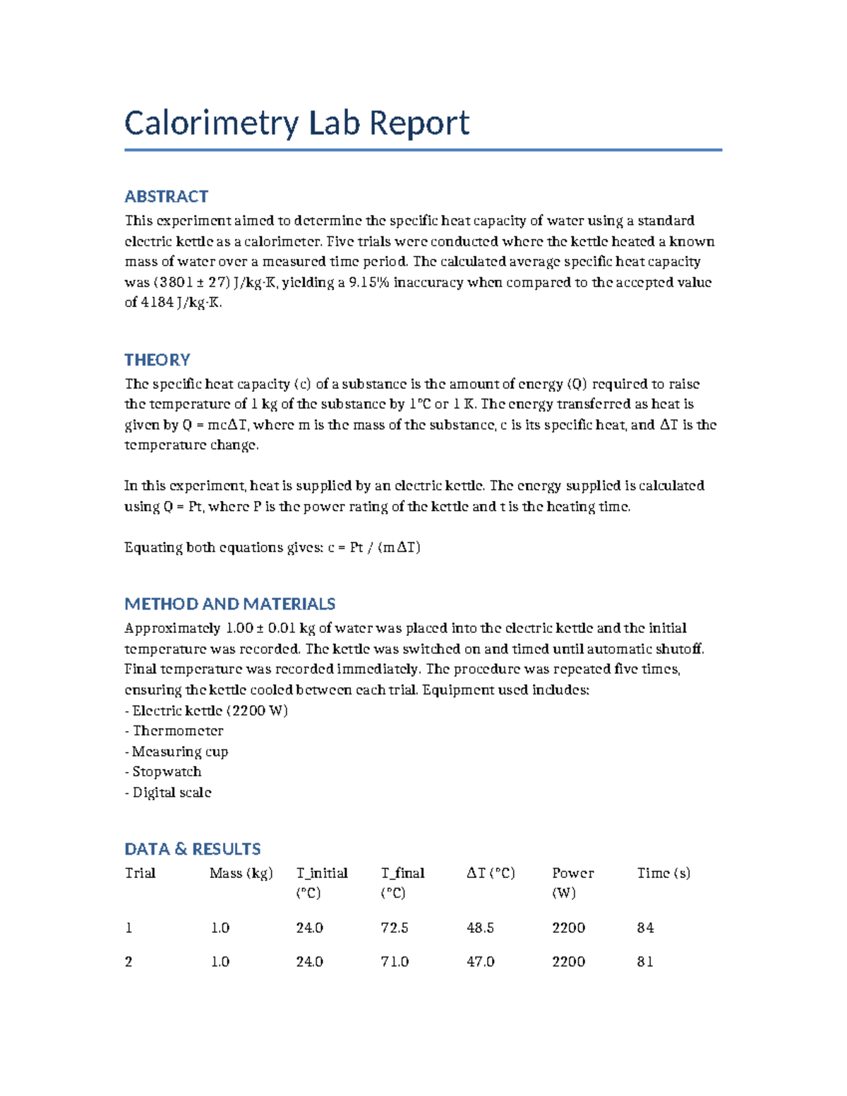 Calorimetry Lab Report: Specific Heat Capacity of Water (PHYS1006 ...