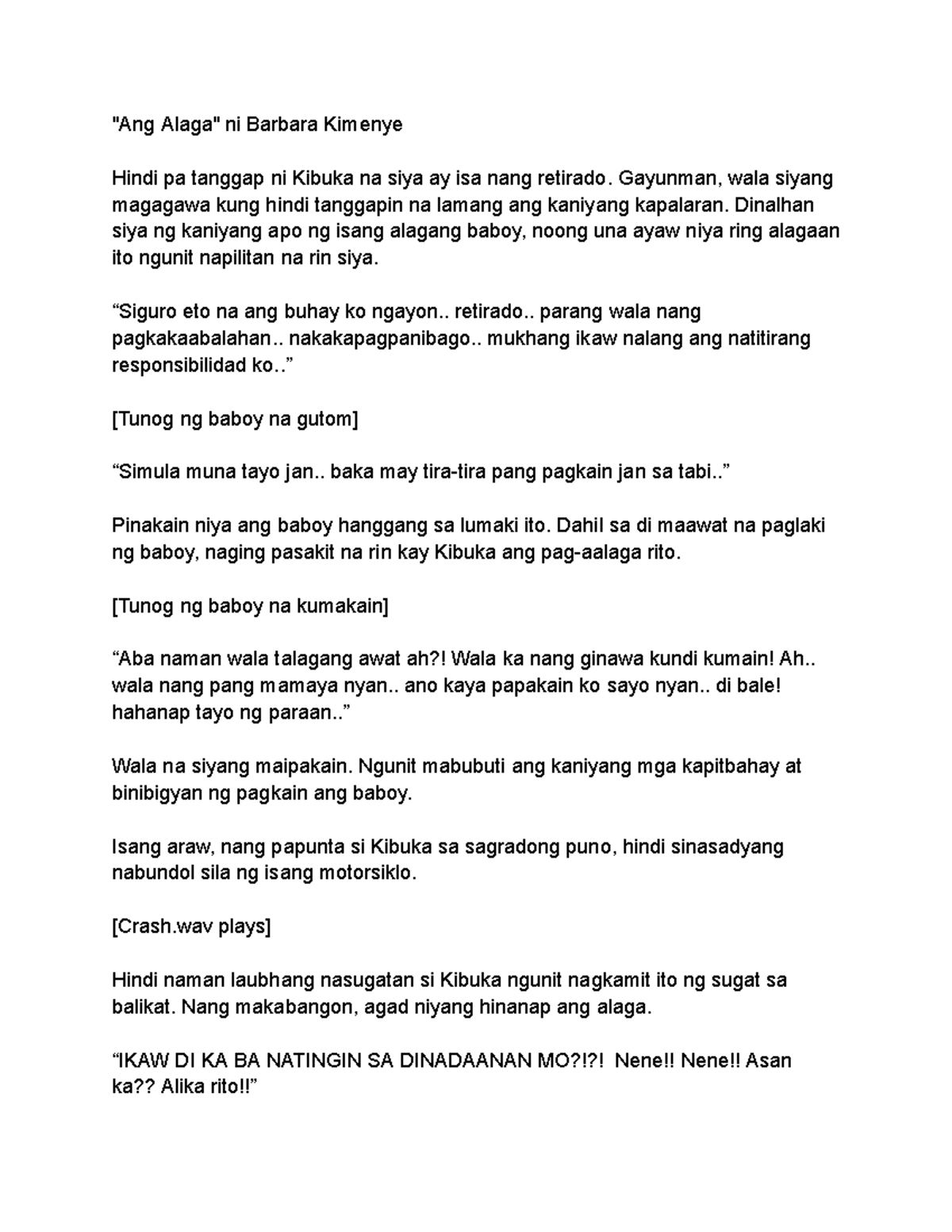 Lesson on "Ang Alaga" ni Barbara Kimenye - Pagsusuri sa Nilalaman - Studocu