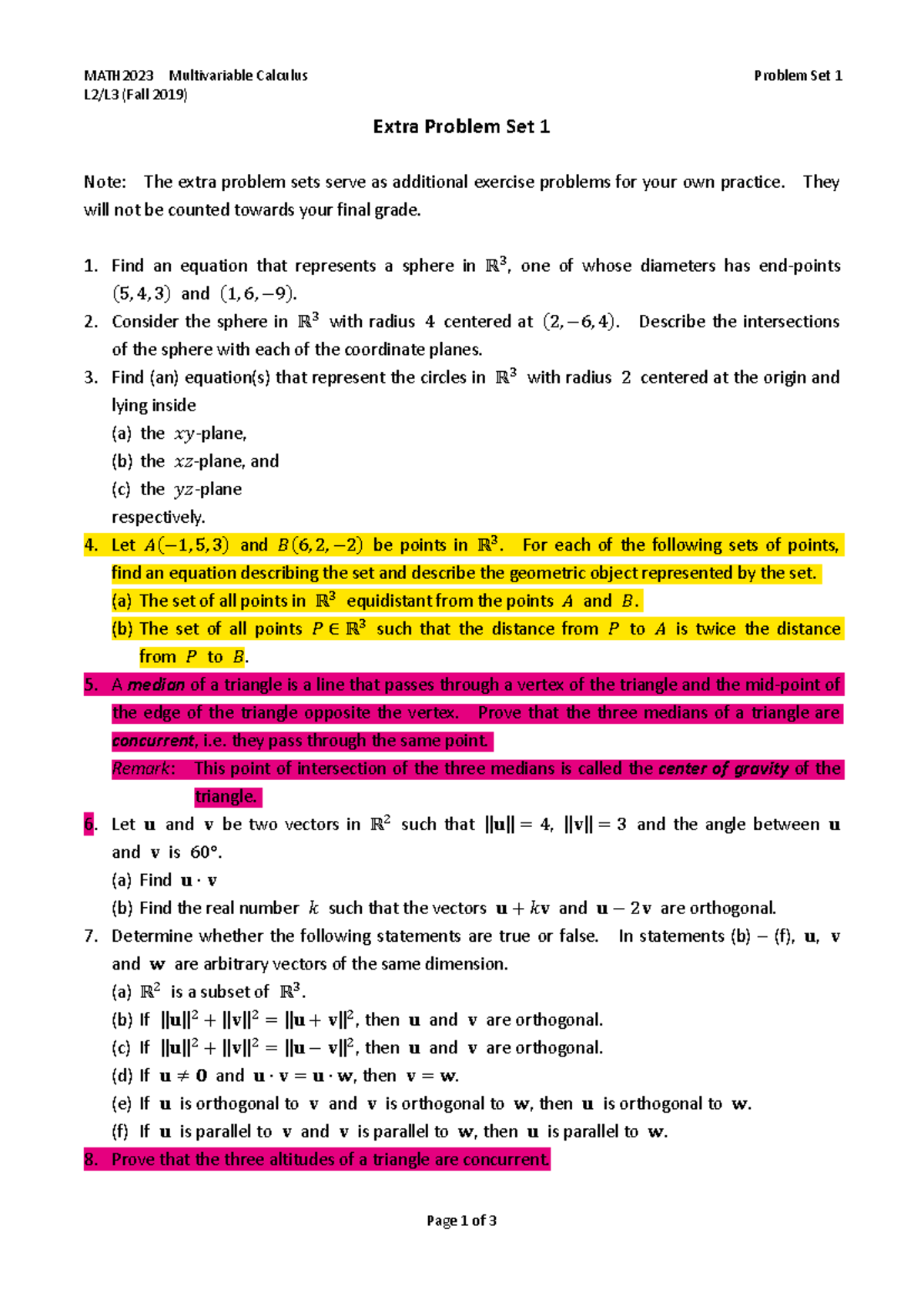 MATH2023 Multivariable Calculus - Problem Set 1 Lecture Notes - Studocu