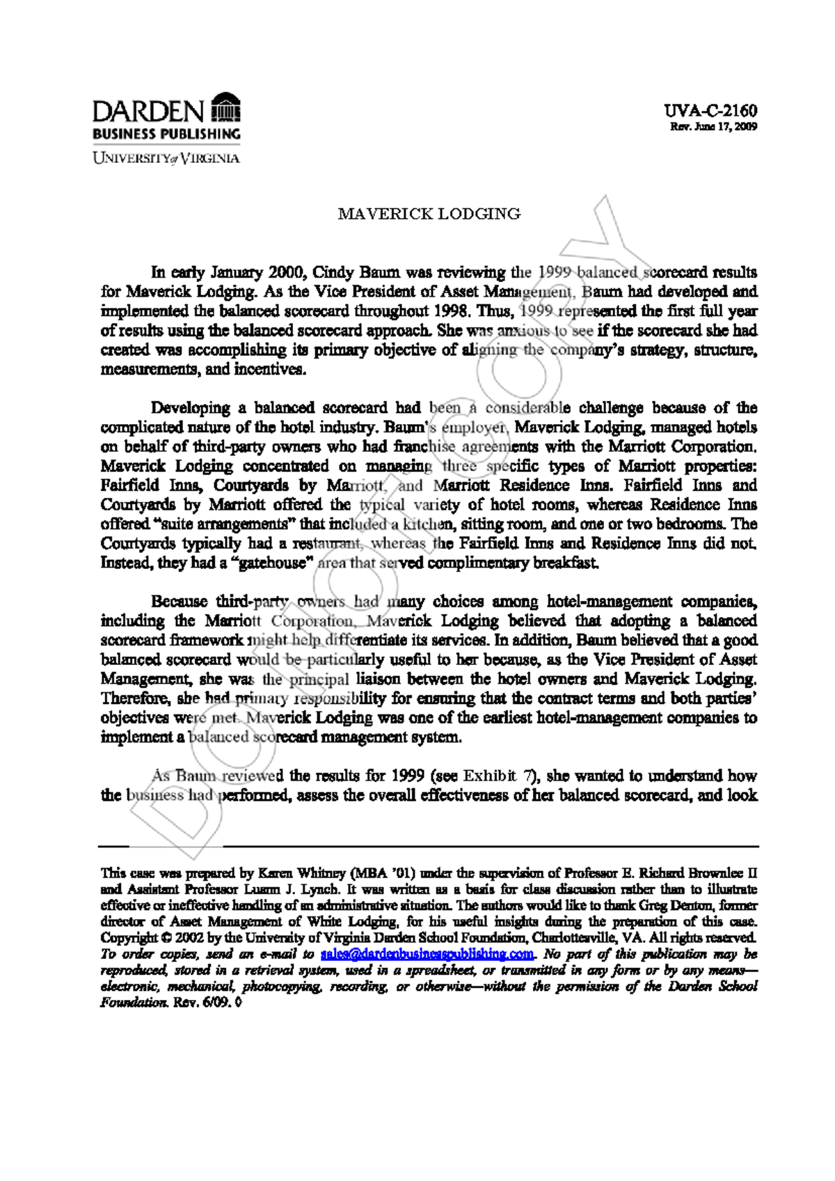 MAVERICK LODGING: Balanced Scorecard Analysis & Performance Metrics ...