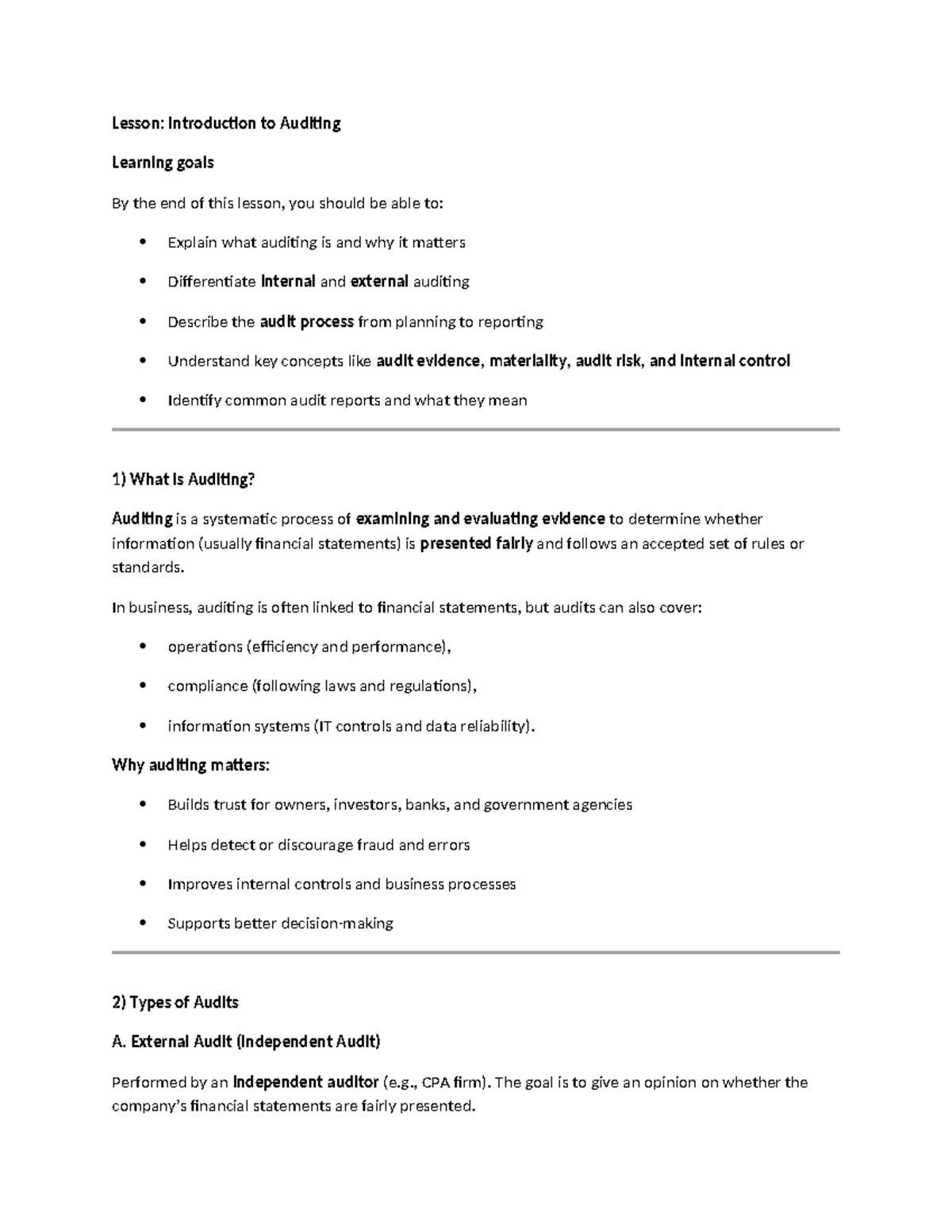 Lesson: Introduction to Auditing Concepts and Processes - Studocu