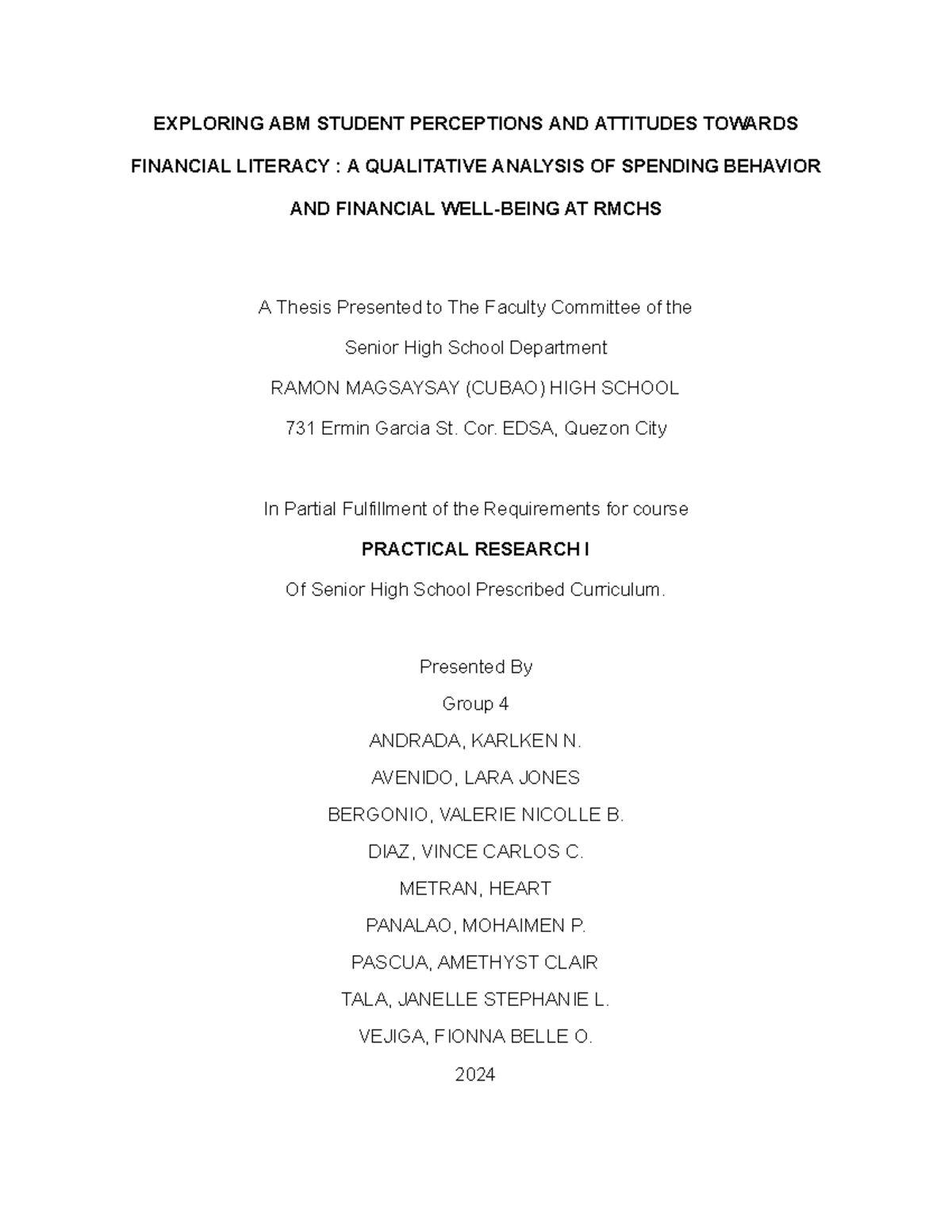 ABM 2024 Practical Research I: Chapter 2 on Financial Literacy and ...