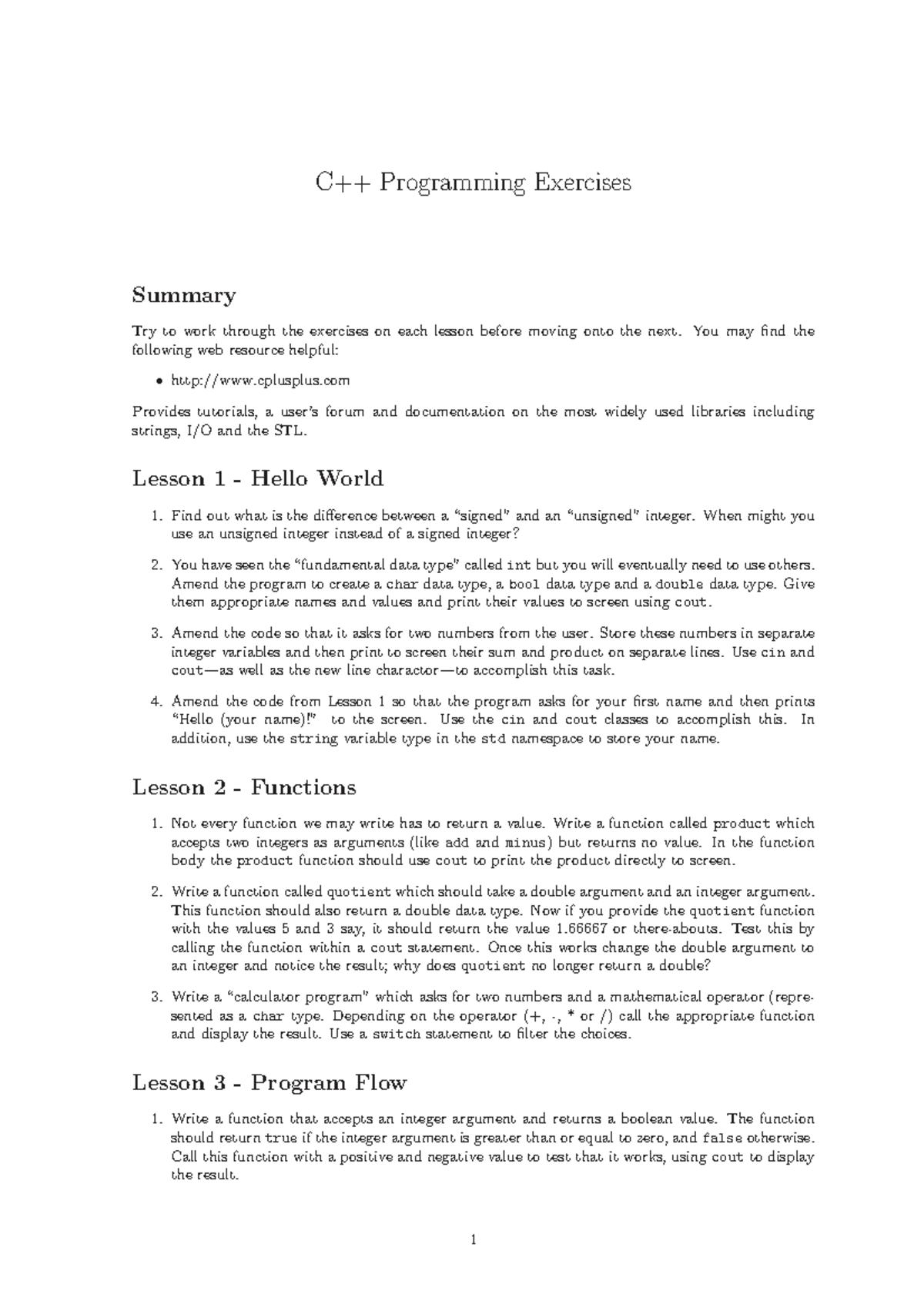 C++ Programming Exercises Summary for CS101: Lessons 1-13 - Studocu