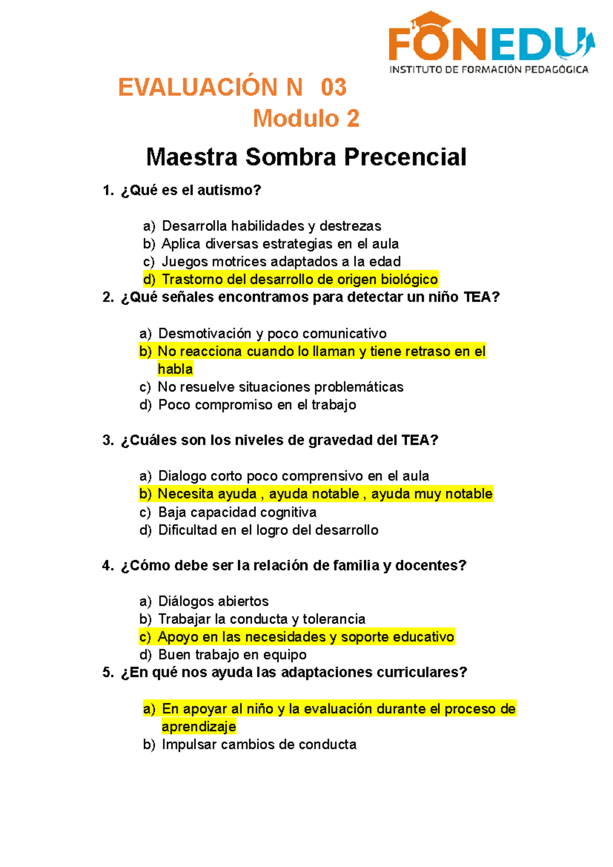 EVALUACIÓN 03 Módulo 2: Autismo y Estrategias Educativas - Studocu
