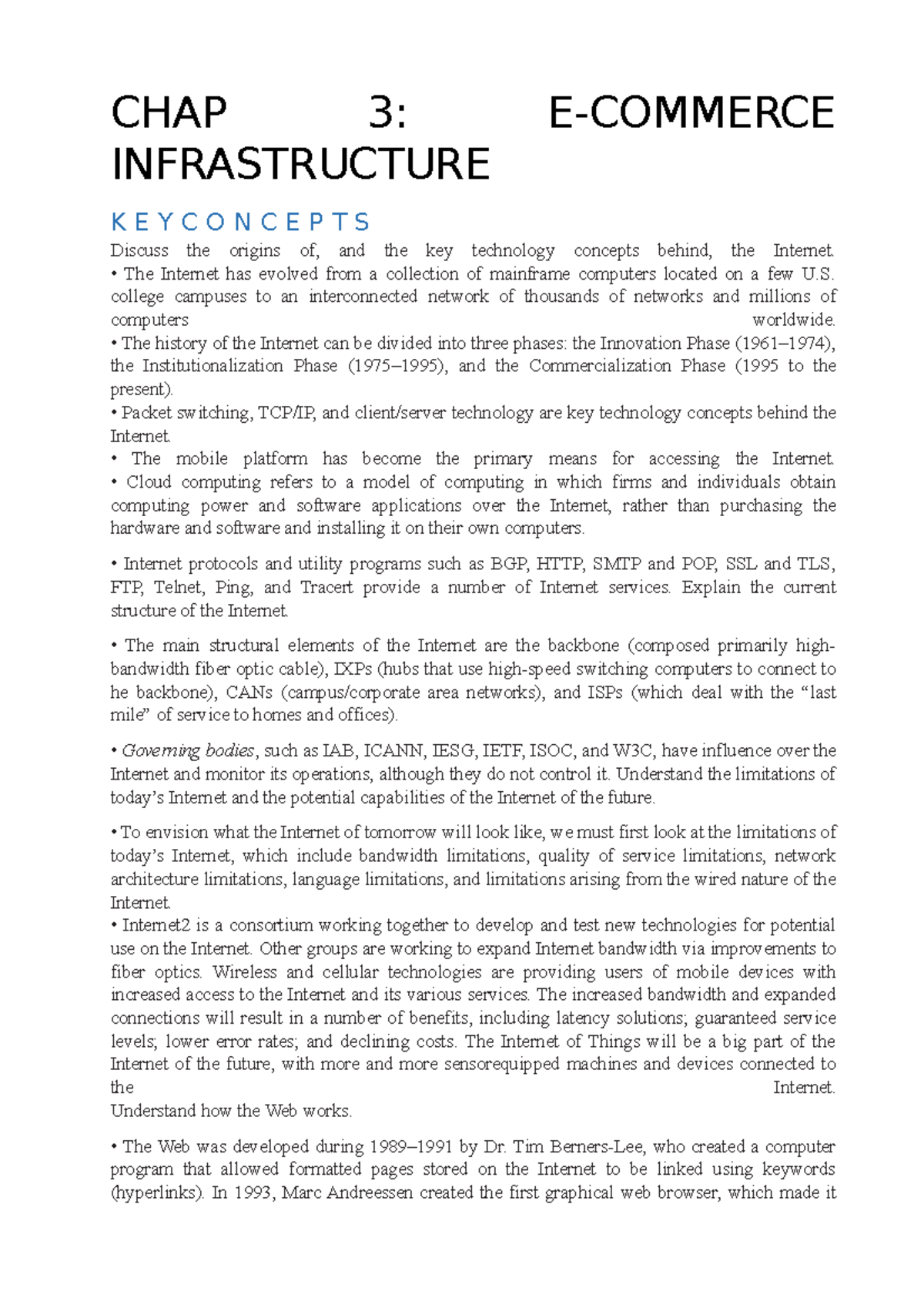 Review CHAPter 3 - CHAP 3: E-COMMERCE INFRASTRUCTURE K E Y C O N C E P T S Discuss the origins ...