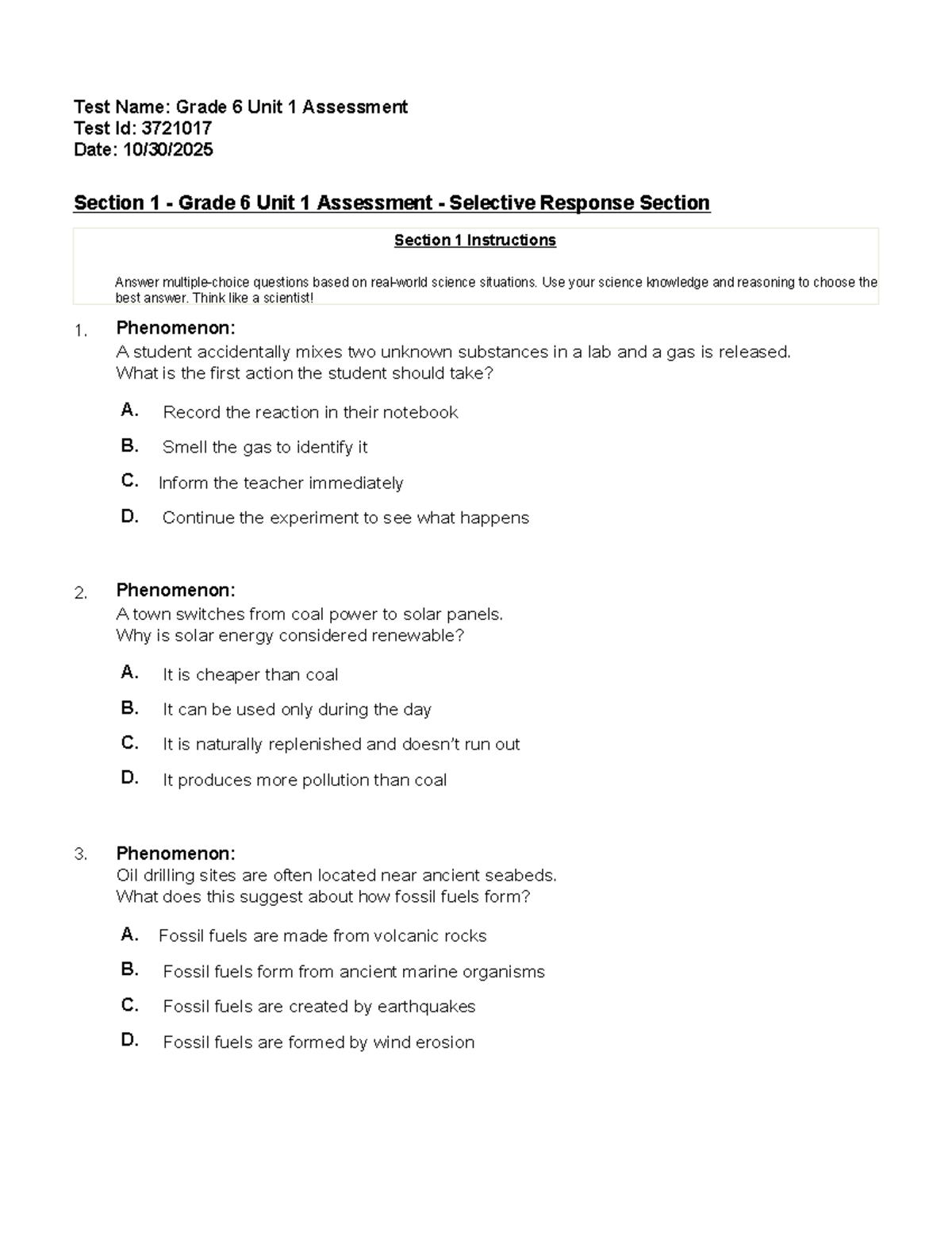Grade 6 Unit 1 Science Assessment: Environmental Phenomena & Solutions ...
