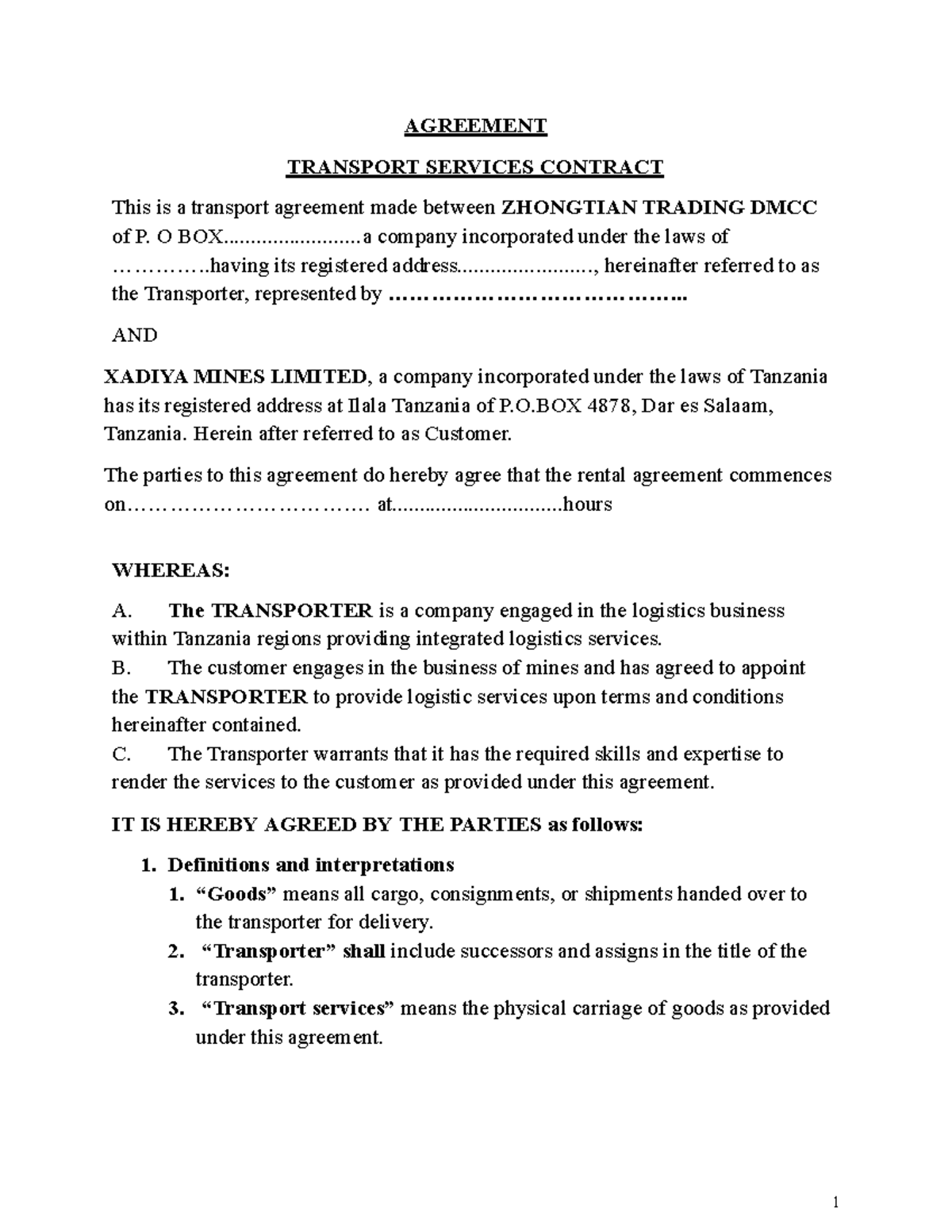 Transport Agreement for Logistics Services (TZ-Logistics) - Studocu