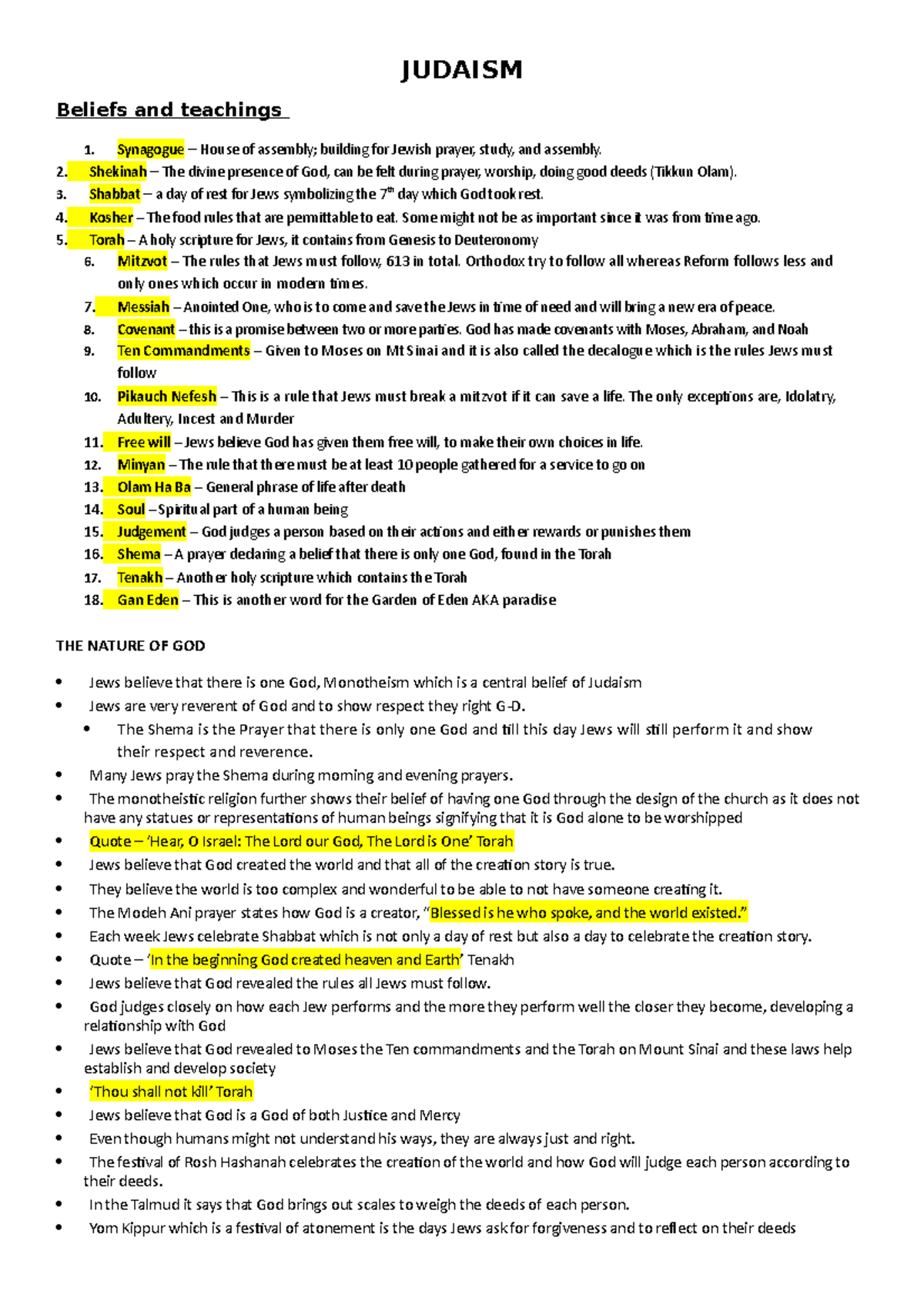 Judaism FULL Notes - JUDAISM Beliefs and teachings 1. Synagogue – House ...