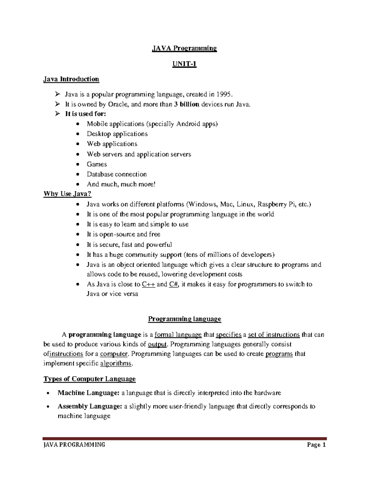 java programming - JAVA Programming UNIT- 1 Java Introduction Java is a popular programming ...