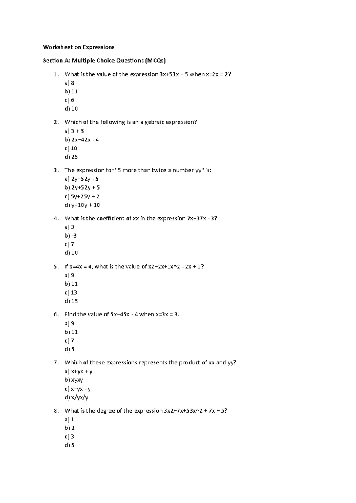 Worksheet on Expressions: MCQs & Short Answer Questions - Studocu