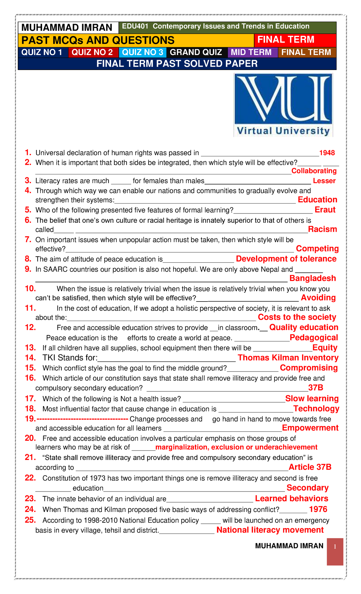 EDU401 Comprehensive Final Exam Preparation and Past MCQs - Studocu