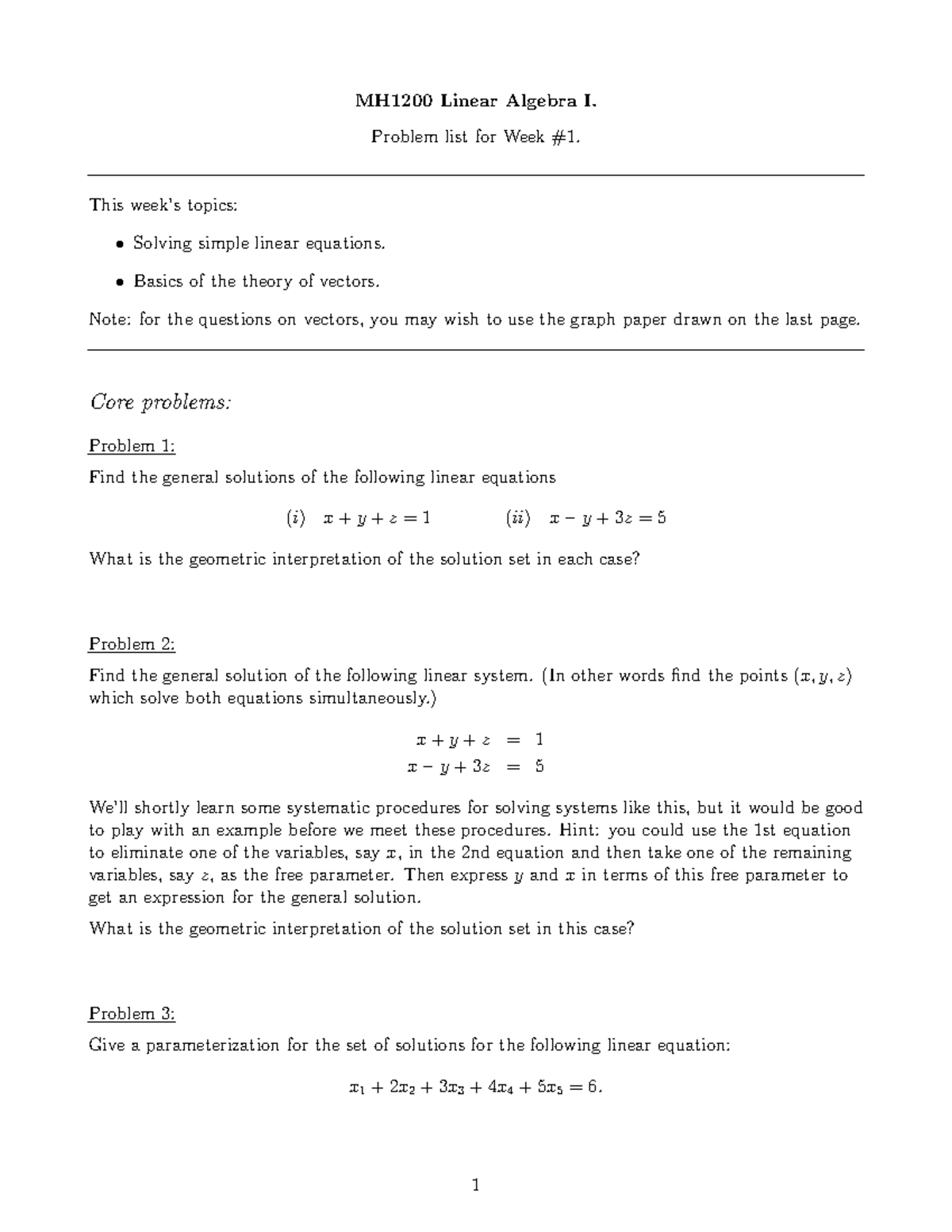 Problem Set 1 - Tutorial 1 - MH1200 Linear Algebra I. Problem list for ...