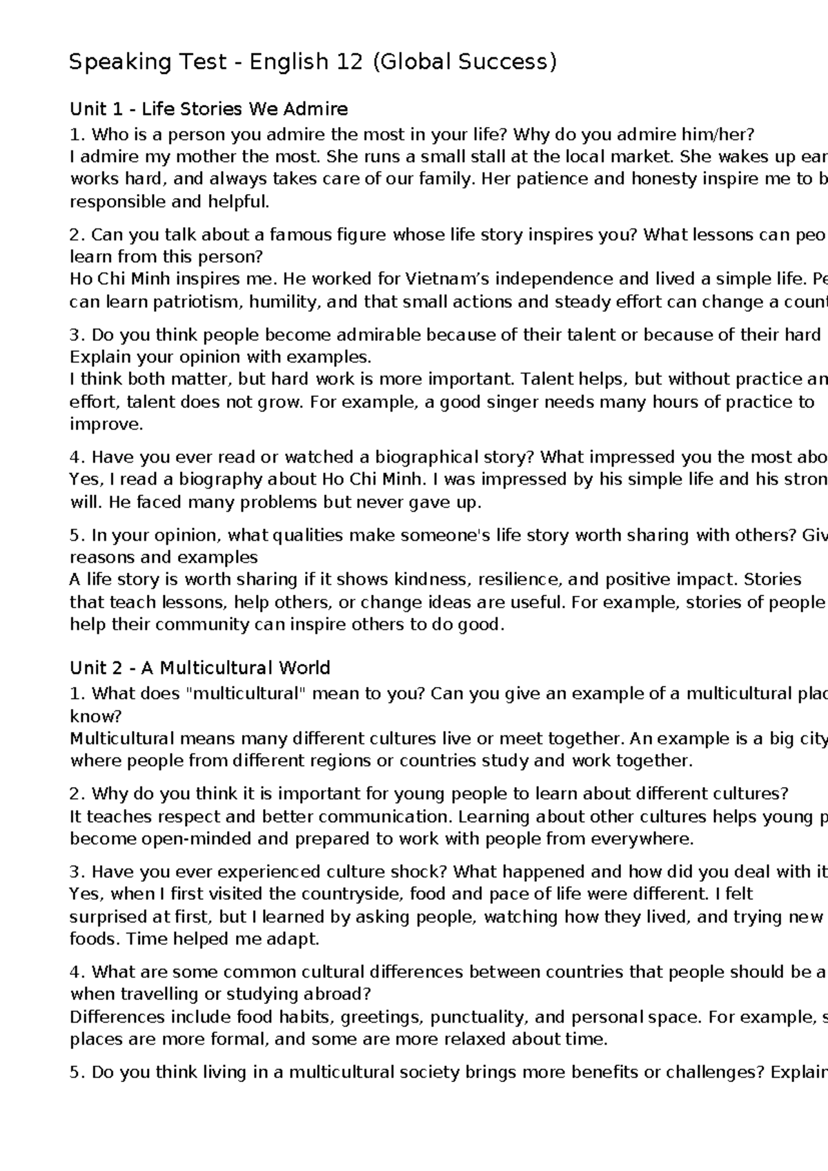 Speaking Test English 12 (Global Success) Units 1-5 Questions - Studocu