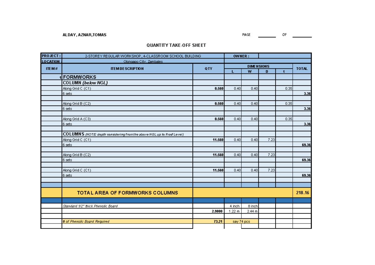 Group 10 Quantity Sheet Project: Formwork Estimates for High School ...