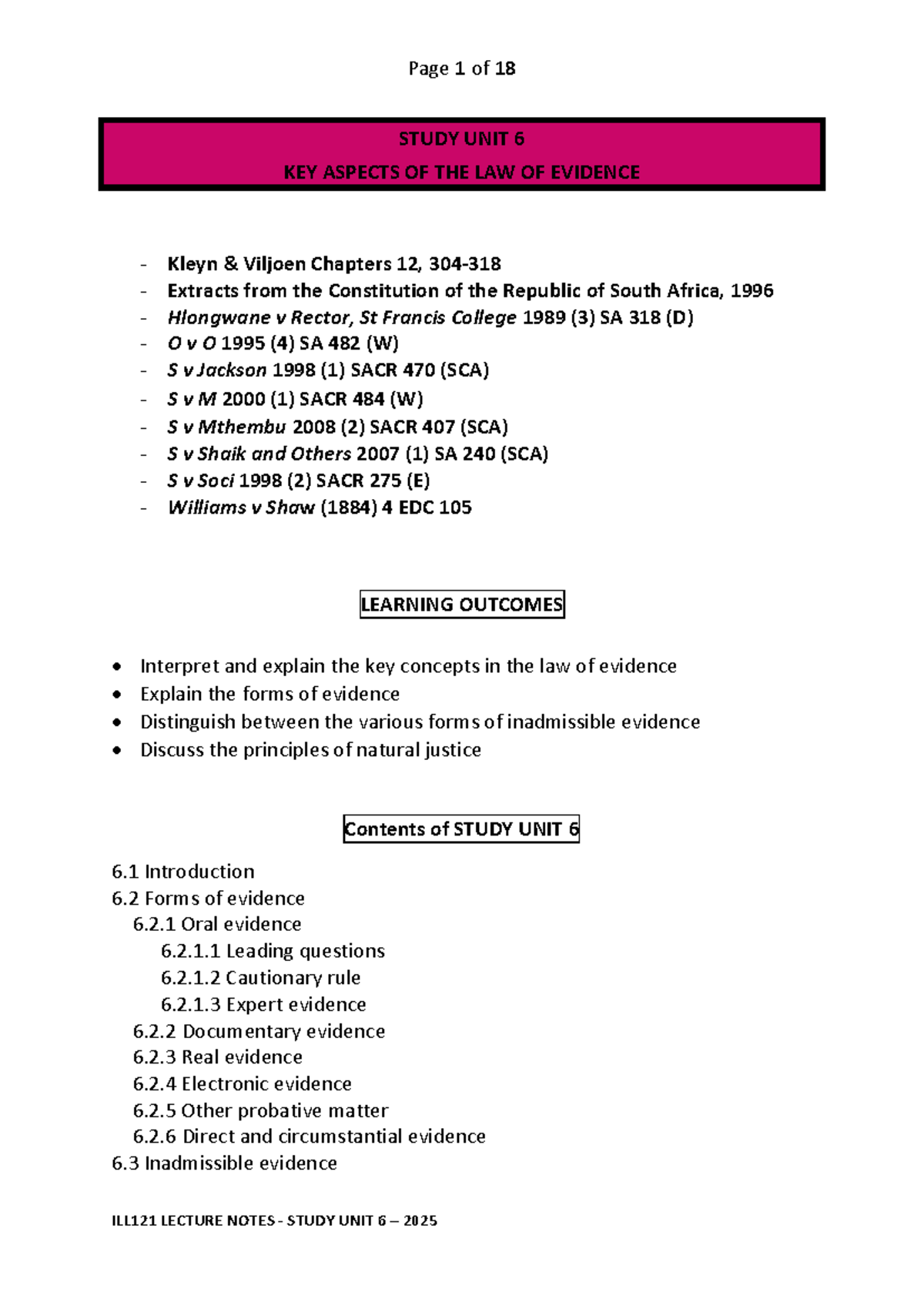ILL121 Lecture Notes - Study Unit 6: Key Aspects of Evidence Law - Studocu
