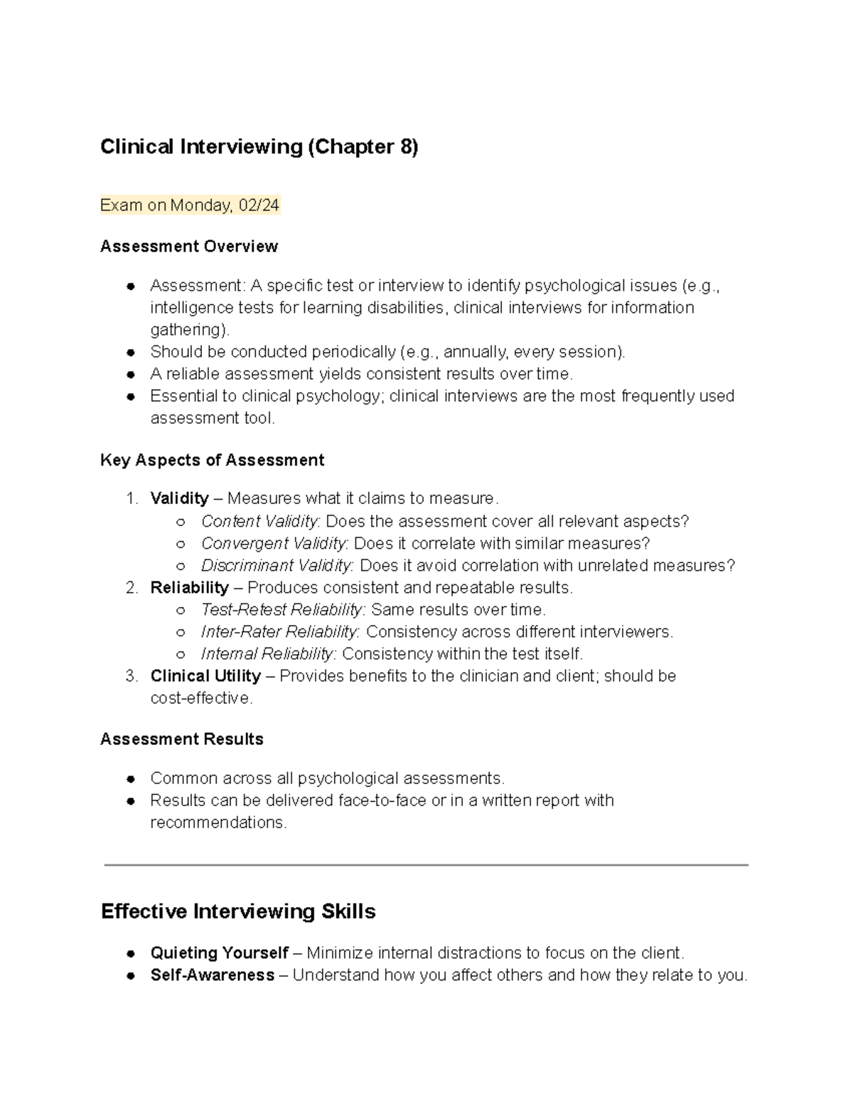 2 12 Class Notes - Clinical Interviewing (Chapter 8) Exam on Monday, 02 ...