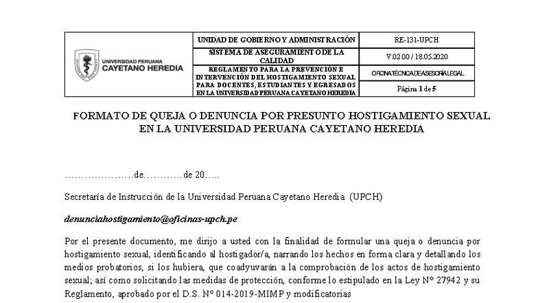 Formato de Queja por Hostigamiento Sexual - UPCH - Studocu