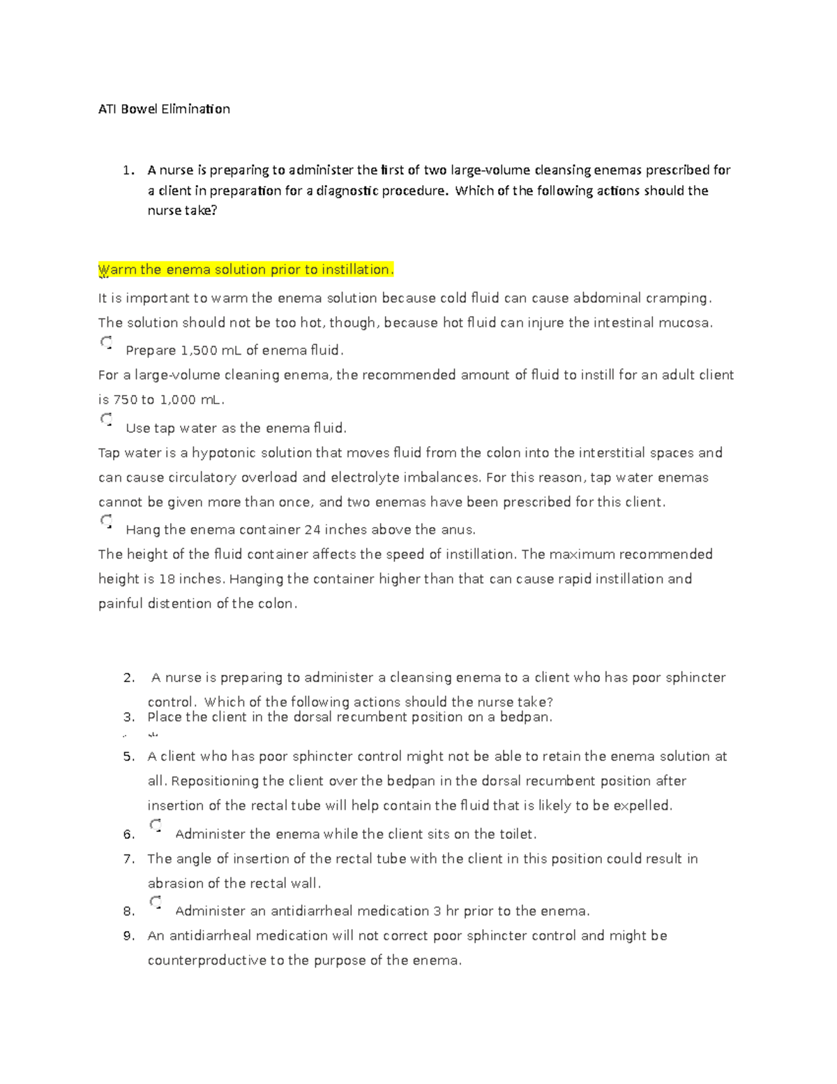 ATI Bowel Elimination - ATI - ATI Bowel Elimination 1. A nurse is ...