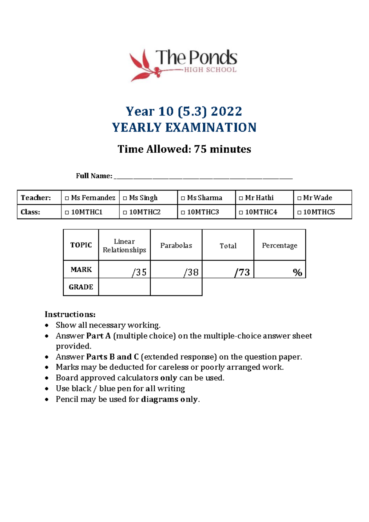 Year 10 5.3 Yearly Examination Mathematics 2022 - Exam Paper - Studocu