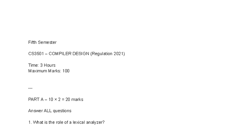 CS3501 Compiler Design Sample Questions for Fifth Semester Exam - Studocu