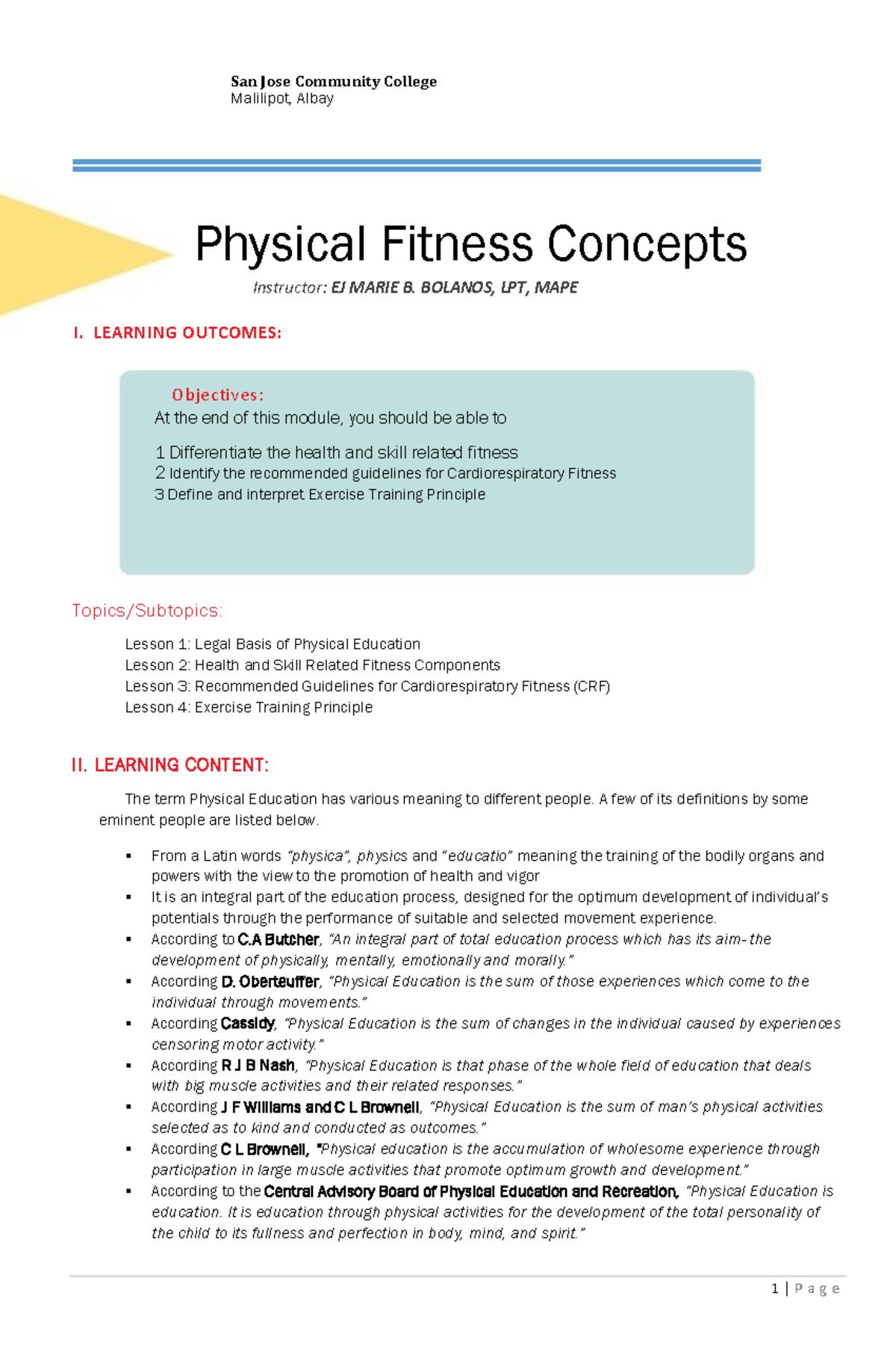 WEEK 1 Physical Fitness Concepts - San Jose Community College - Studocu