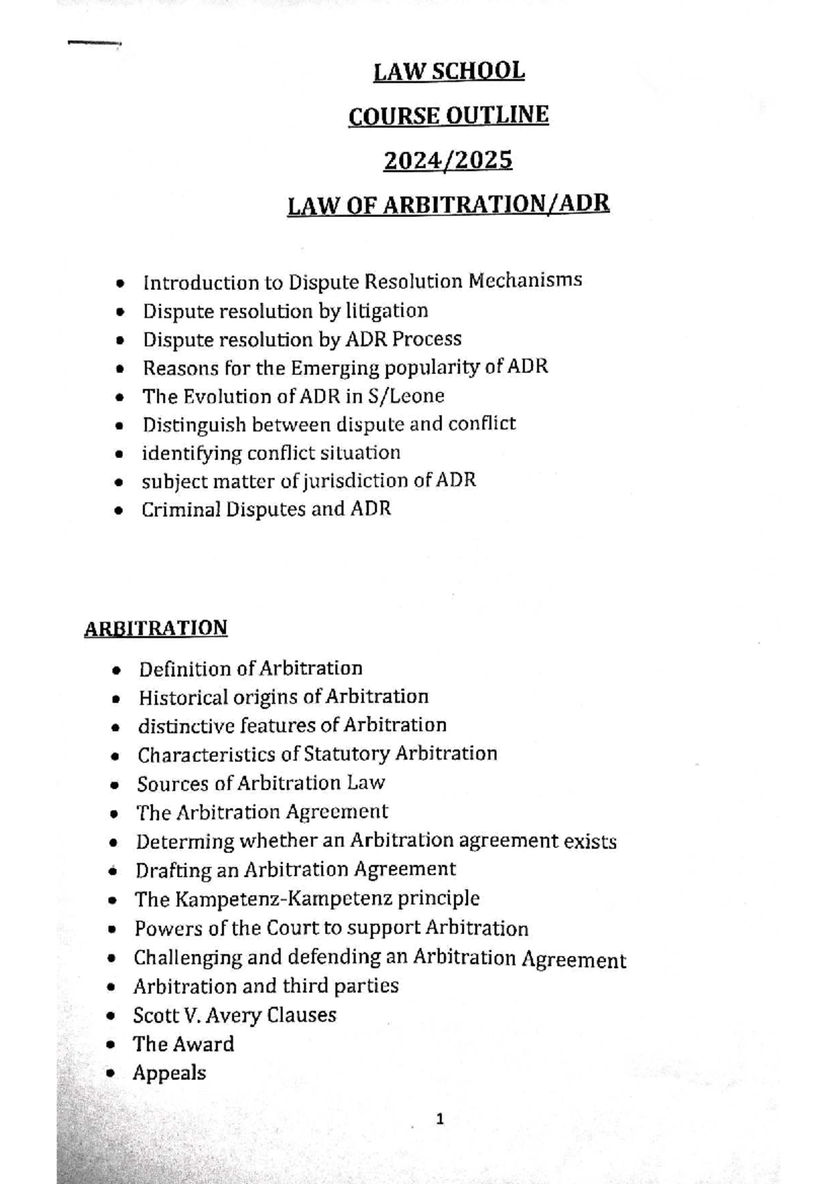 LAW 101: Arbitration Course Outline and Dispute Resolution Mechanisms ...