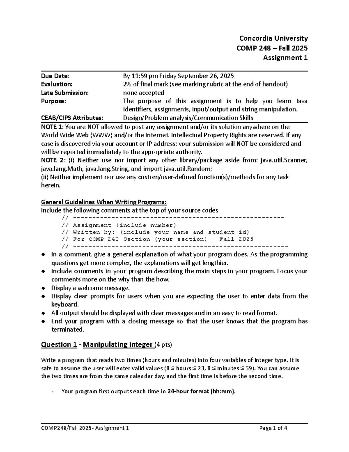 COMP 248 F2025 - Assignment 1 Guidelines and Requirements - Studocu