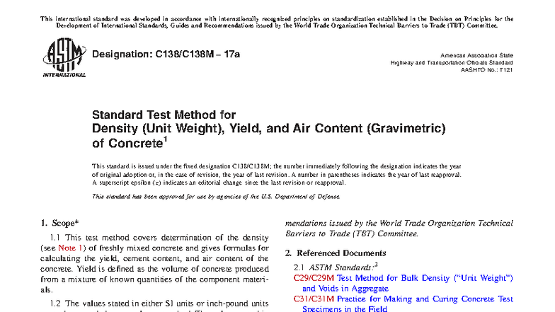 ASTM C138/C138M 17a Standard Test Method for Concrete Density - Studocu