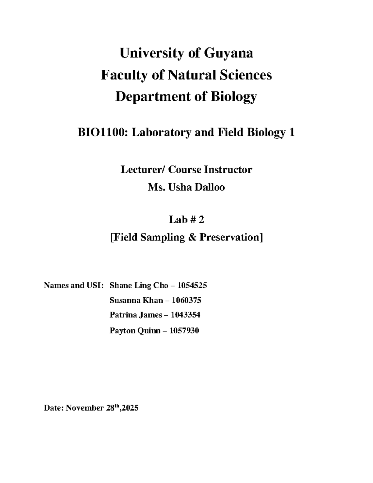 BIO1100 Lab 2: Field Sampling and Preservation Techniques - Studocu