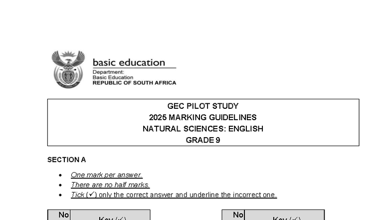 Grade 9 GEC NS Marking Guidelines 2025: English Section A - Studocu
